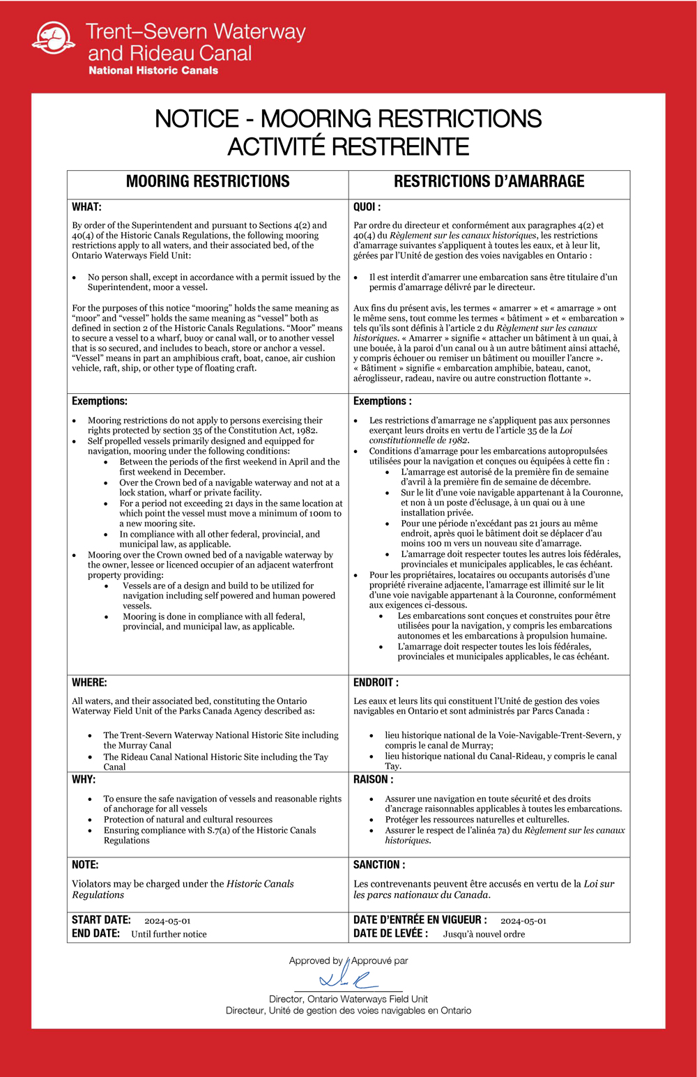 Notice of Mooring Restrictions - Trent-Severn Waterway National ...