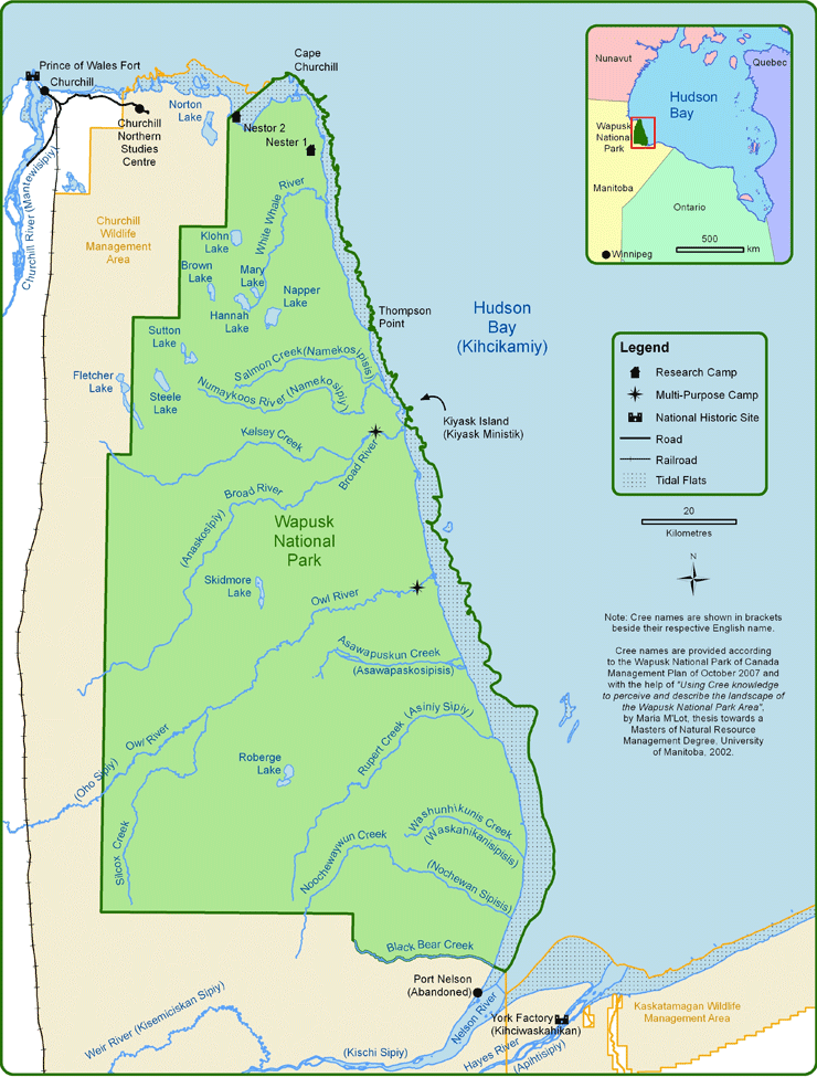 Wapusk National Park map with Cree names - Wapusk National Park